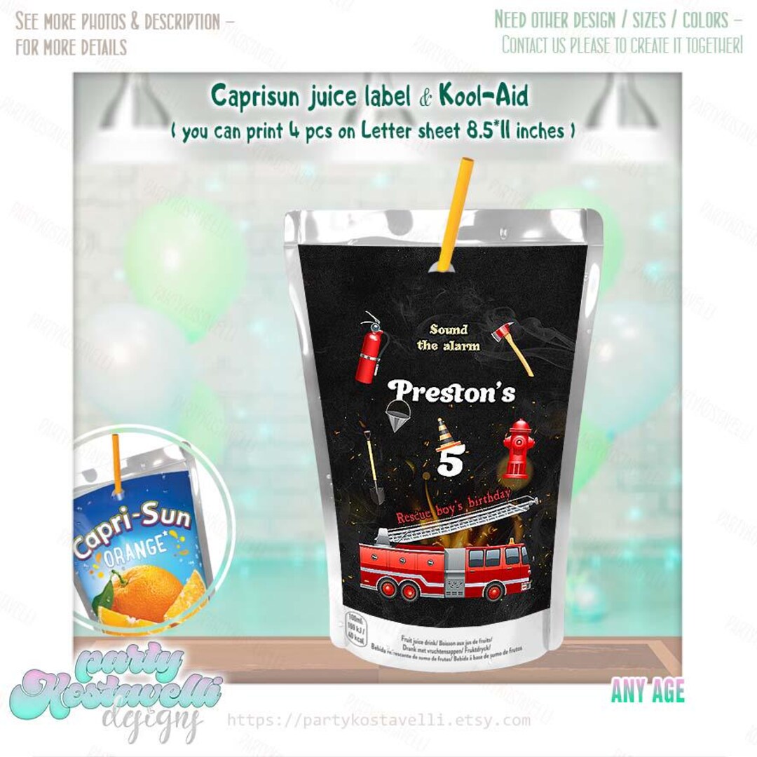Firefighter Juice Pouch Label Fireman Birthday Party Favor Fire Treats ...