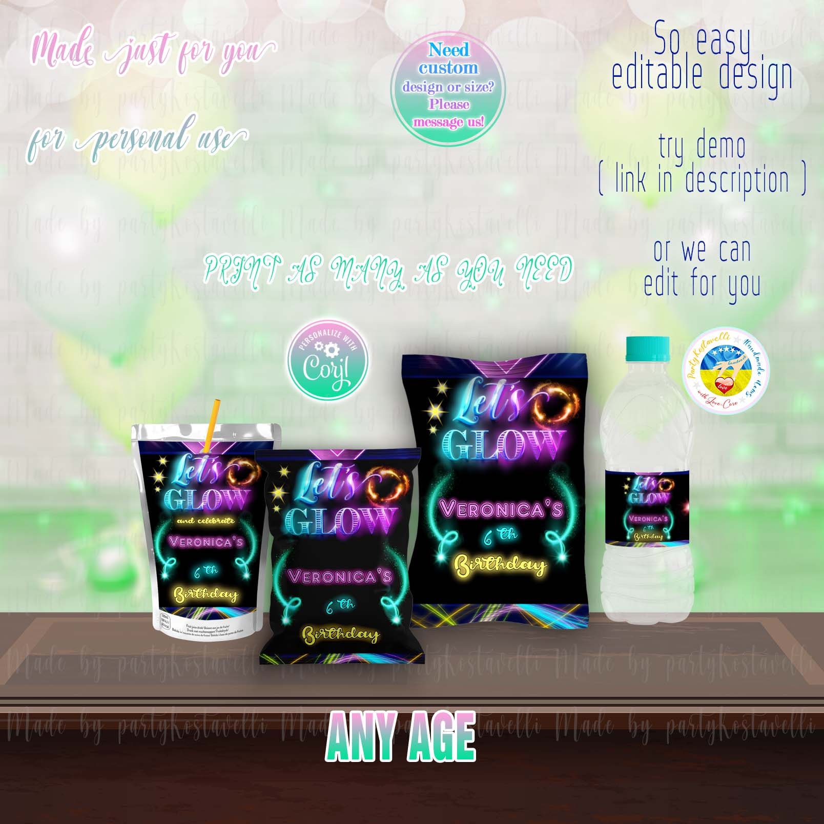 Neon Glow Party Skittles Bag Wrapper Birthday Favors Candy Bag Label ...