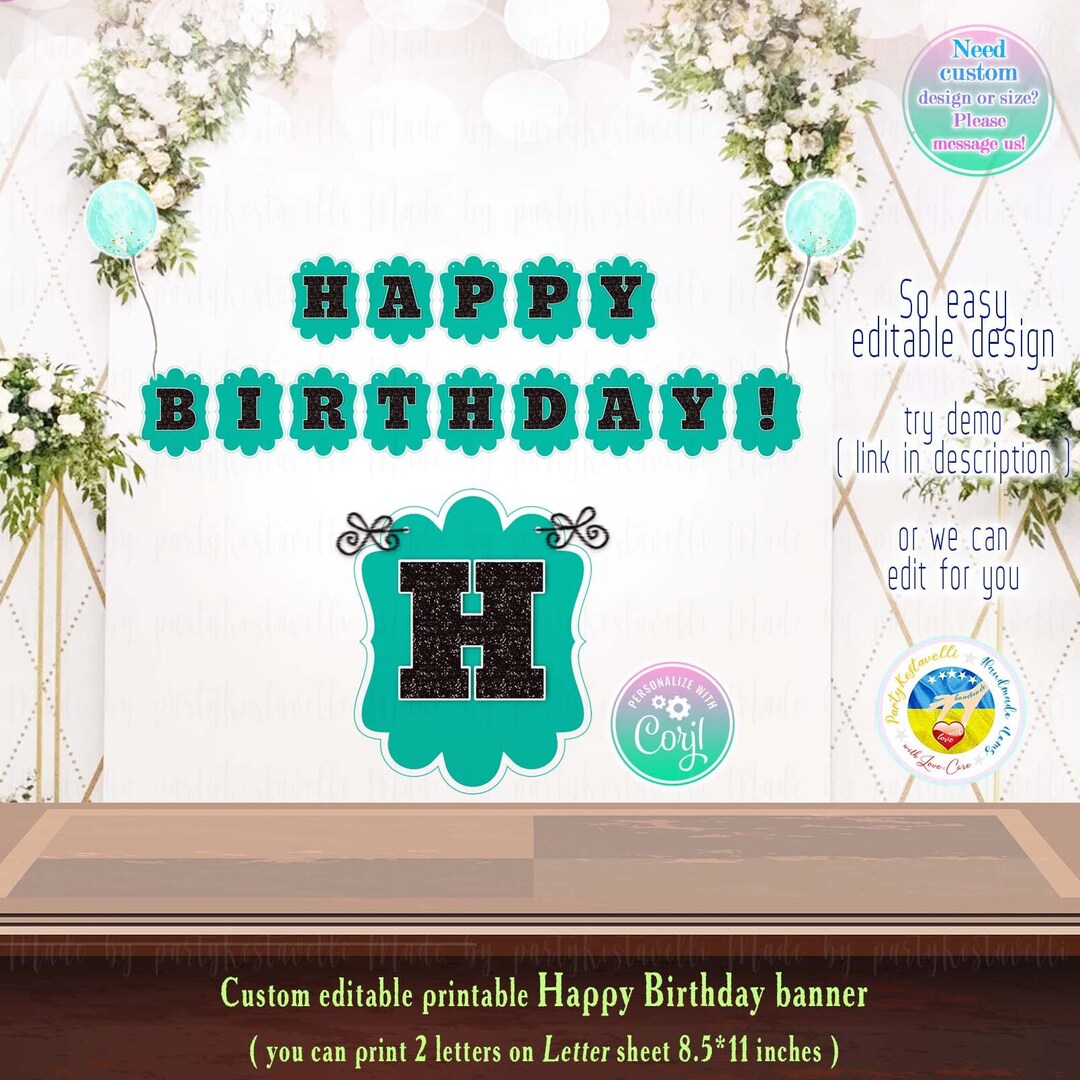 Custom Banner Editable Happy Birthday Banner Aqua Bunting Black Glitter ...