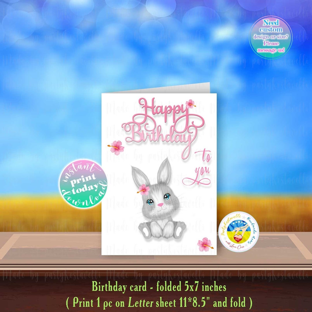 Bunny Birthday Card Rabbit Printable Birthday Card Pink Happy - Etsy