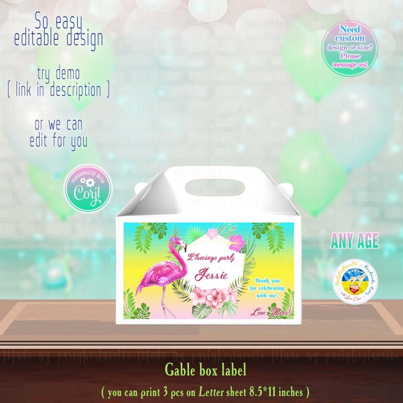 Editable Flamingo Gable Box Label Tropical Birthday Party Gift - Etsy