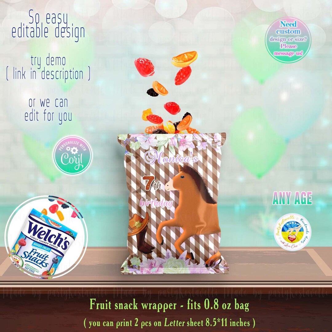 Horse Fruit Snack Wrapper Cowgirl Ranch Birthday Horse Party Snack ...