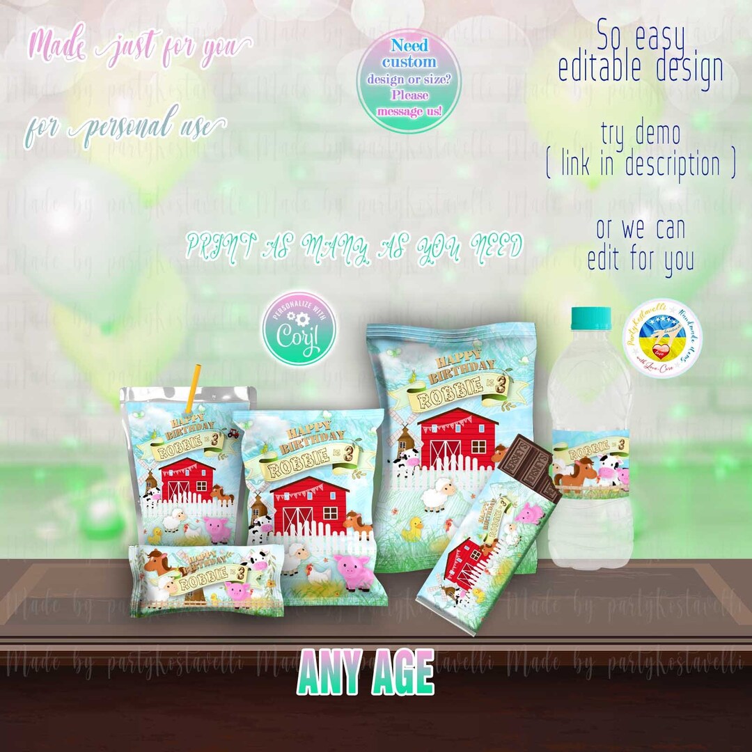 Farm Animals Barnyard Theme Birthday Party Package Bundle Water Bottle ...