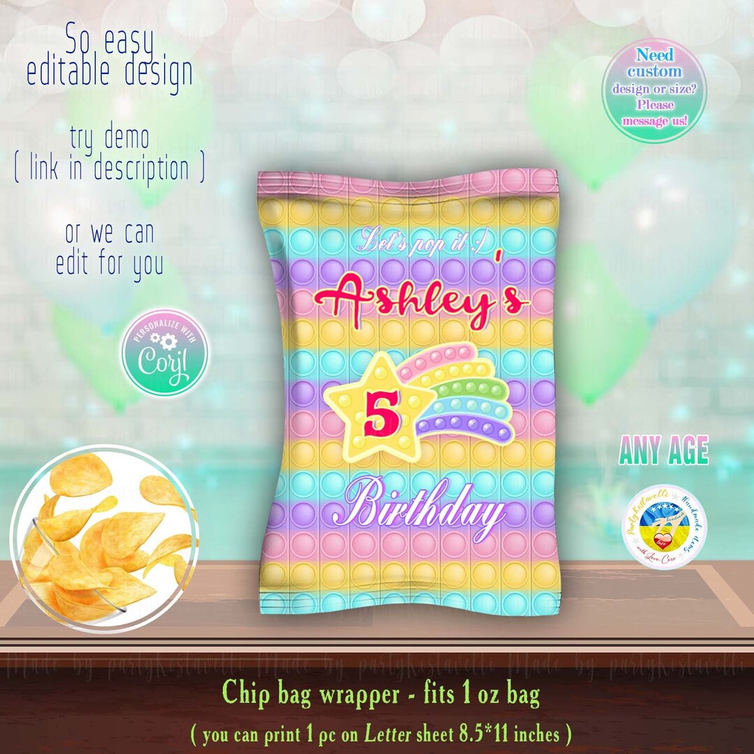 Pop It Chip Bag Label Fidget Toy Party Chip Birthday Favors Snack ...
