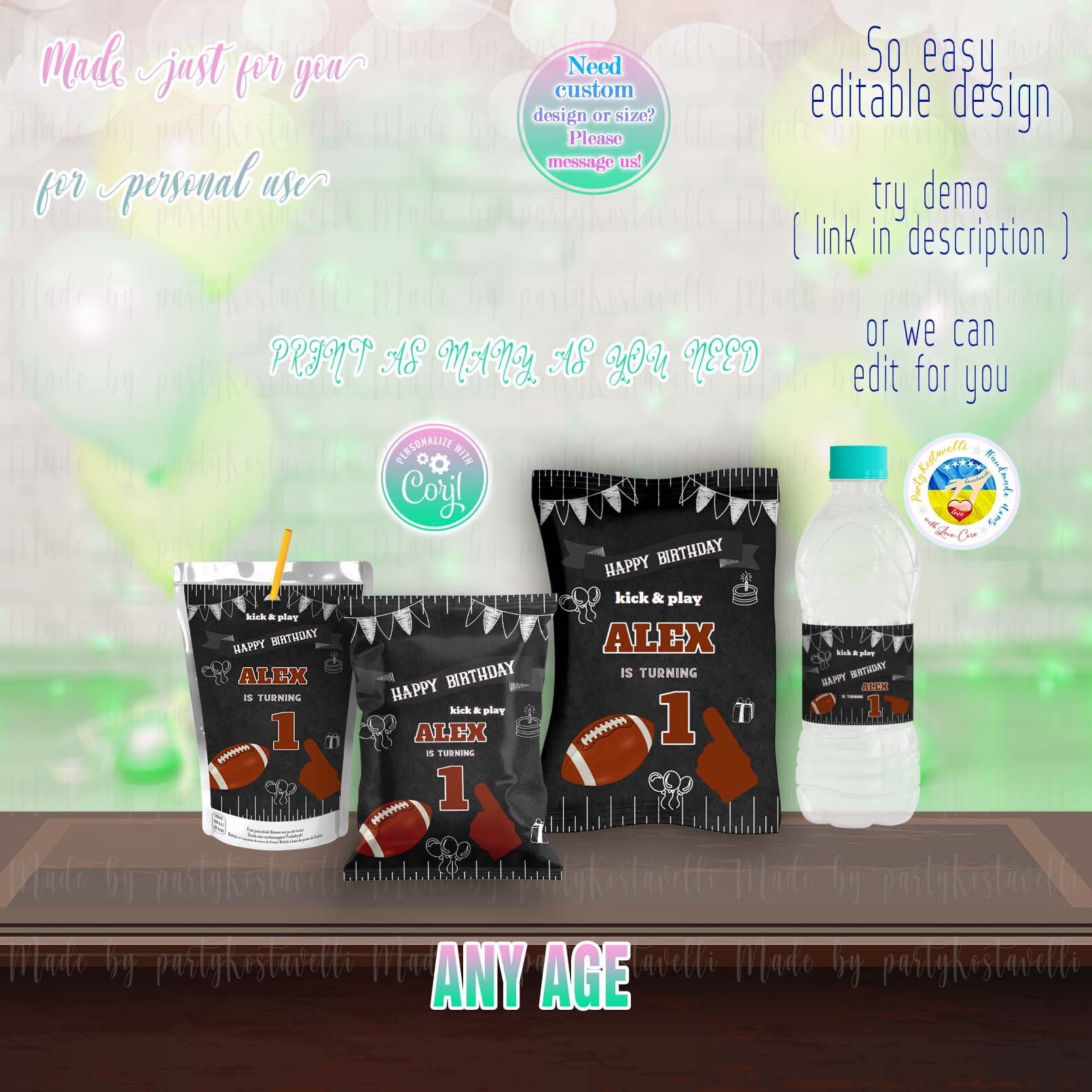 Football Gable Box Label 1st Birthday Party One Year Birthday Treats ...