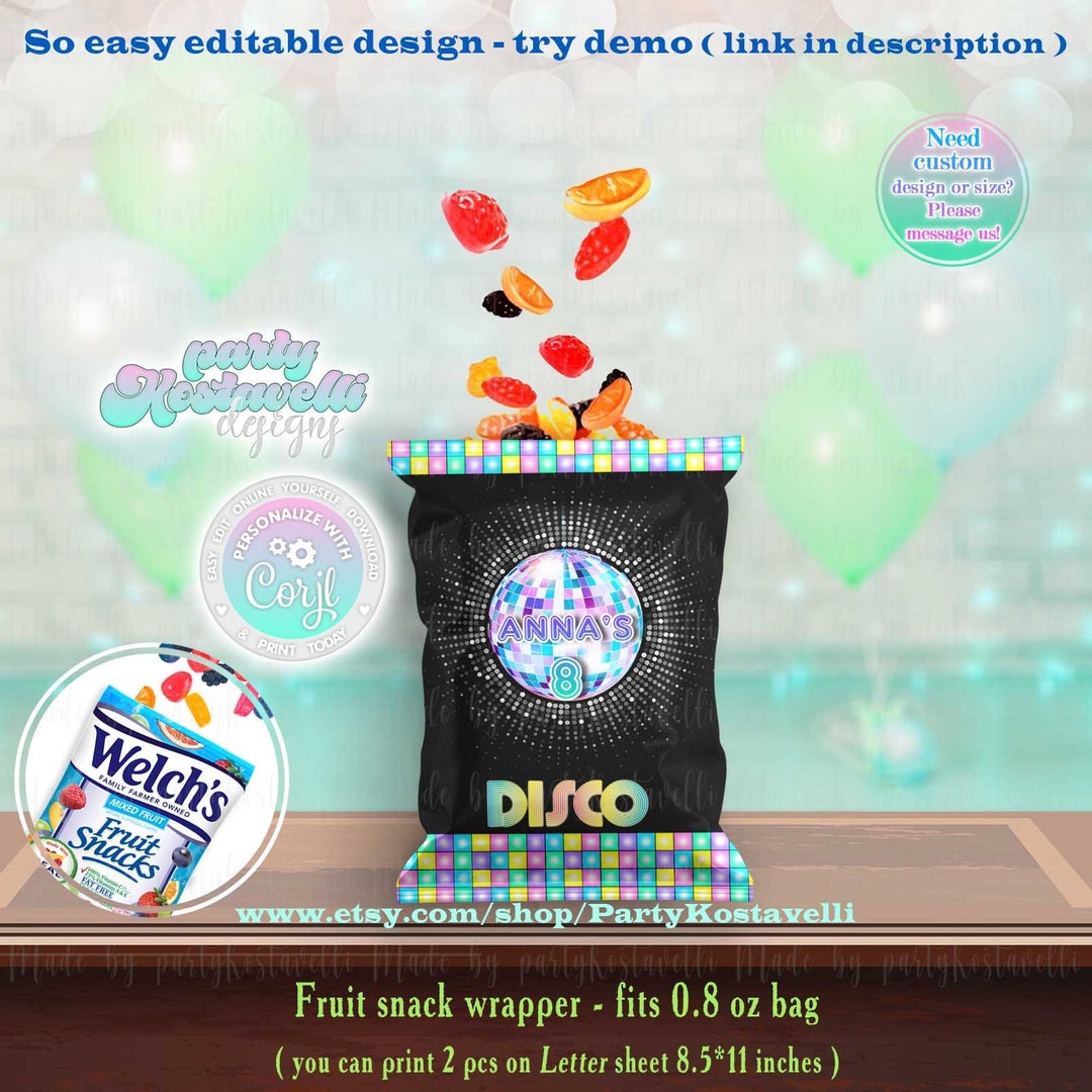 Disco Fruit Snack Treat Wrapper Dance Party Favors Label Neon Glow ...