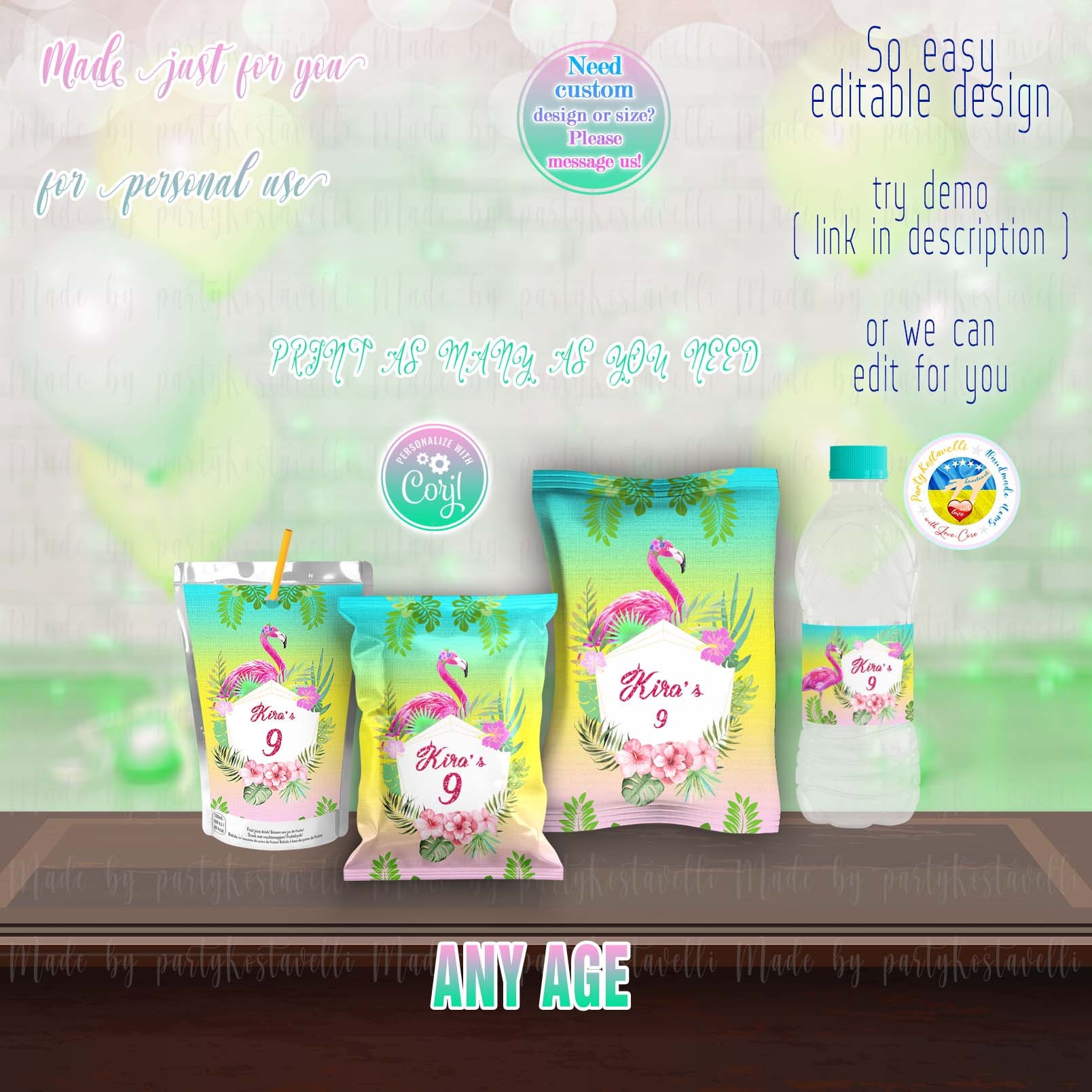 Editable Flamingo Gable Box Label Tropical Birthday Party Gift Box ...