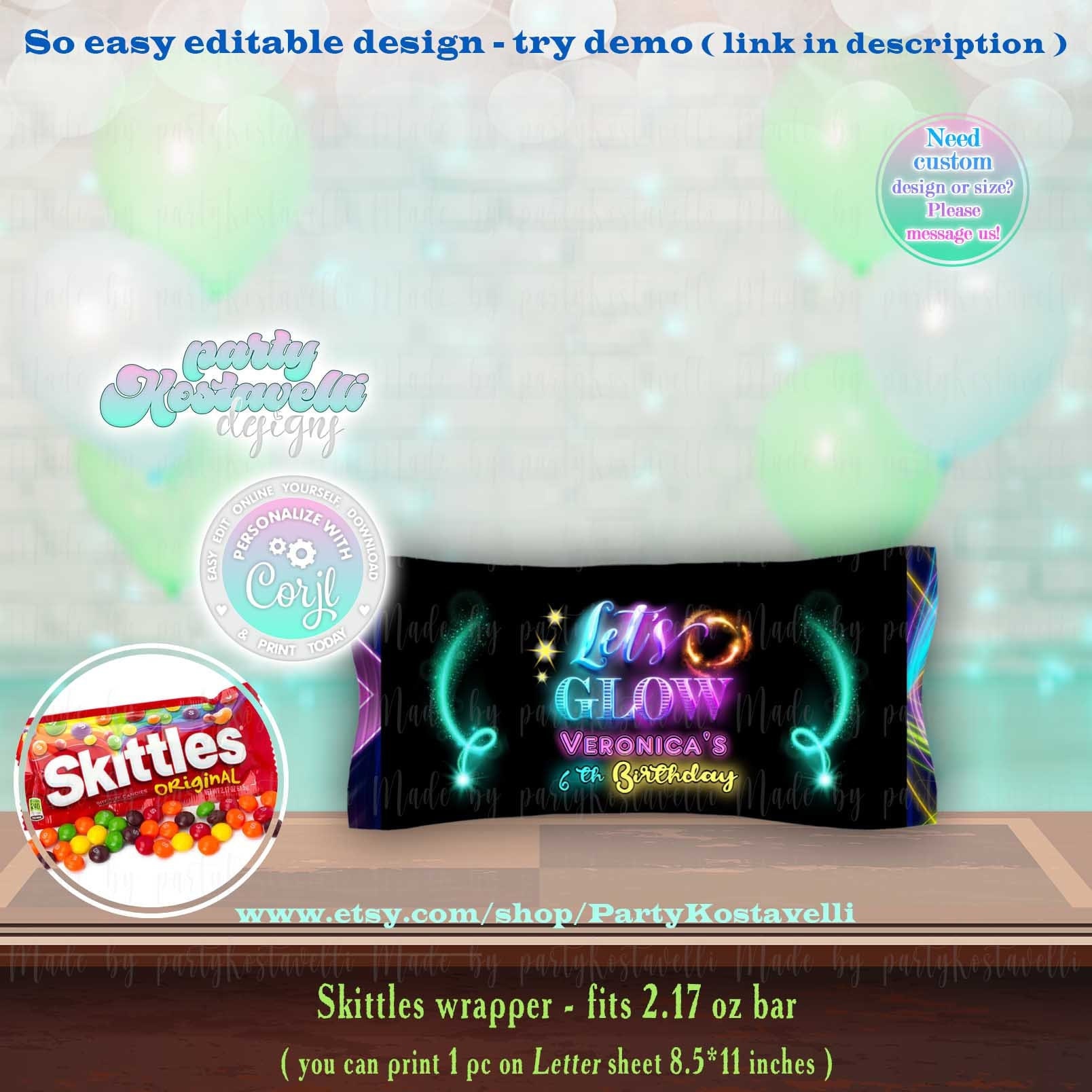 Neon Glow Party Skittles Bag Wrapper Birthday Favors Candy Bag Label ...