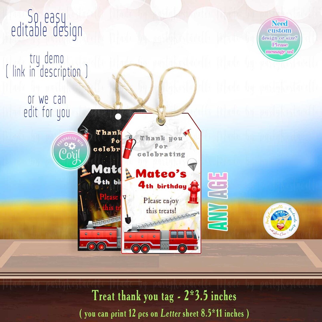 Fire Truck Thank You Tag Firefighter Thank Labels Fireman Treat Label ...
