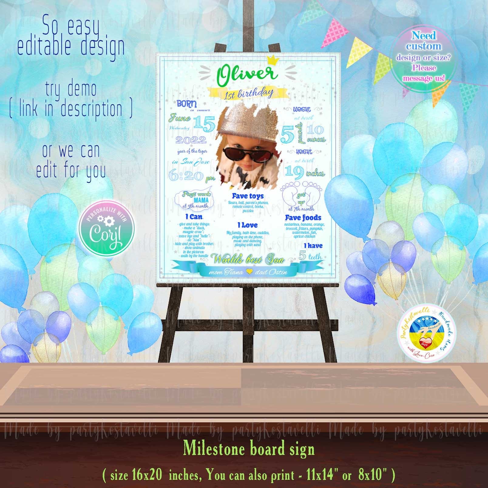 Milestone Board Baby Boy Sign Photo Green Blue One Year Poster 1st ...