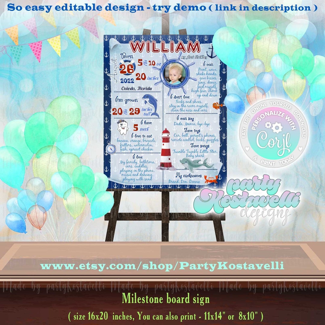 Editable Nautical Birthday Milestone Sign First Sea Birthday Sign ...
