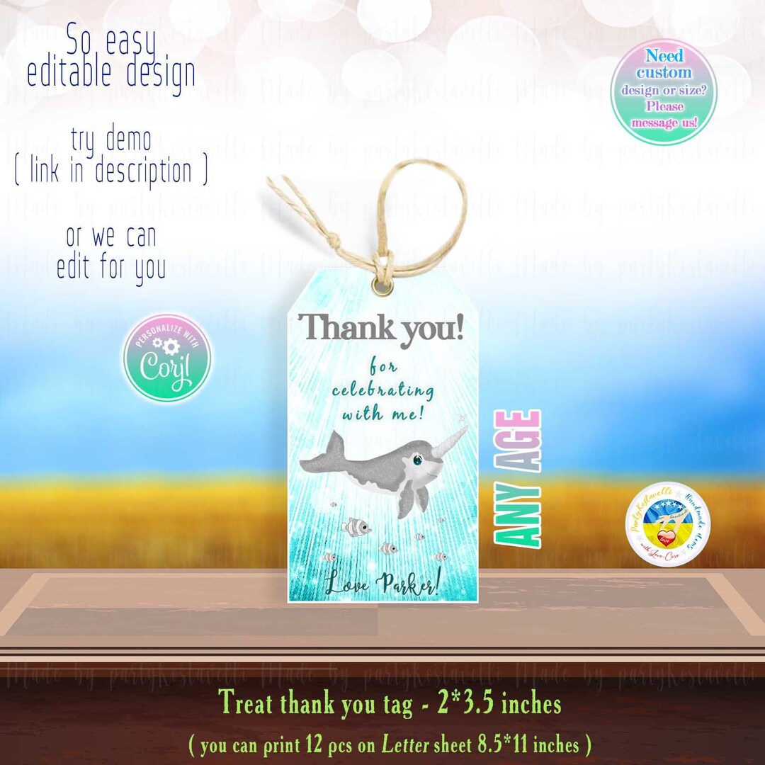 Narwhal Thank You Tag Under Sea Birthday Party Favors Ocean Unicorn ...