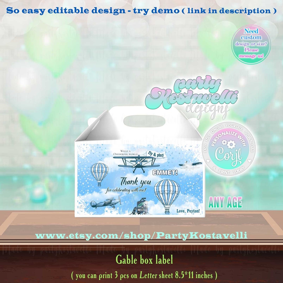 Gable Box Label Airplanes Birthday Hot Air Balloons Gift Box Labels ...