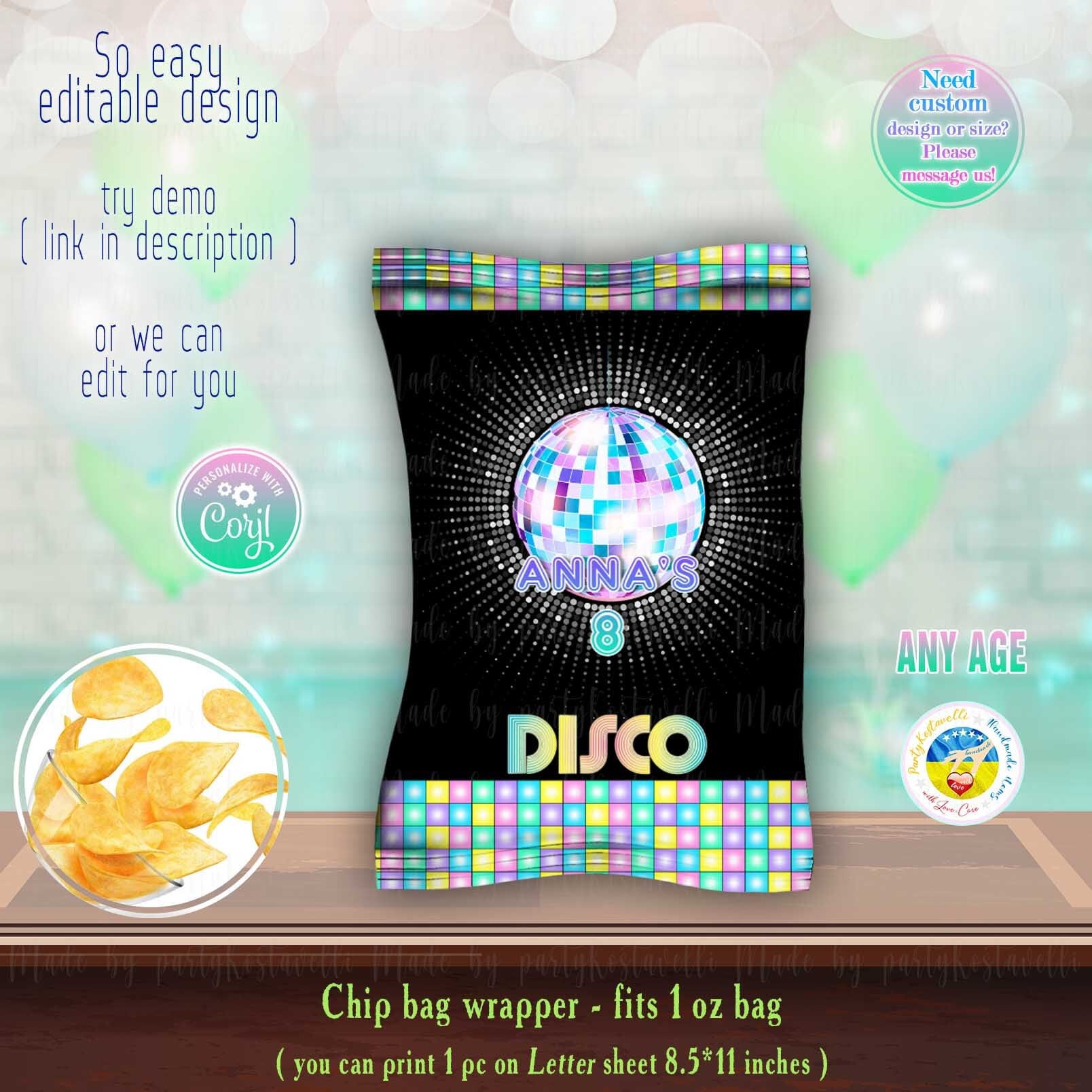Disco Chip Bag Wrapper Dance Party Favors Label Neon Glow Birthday ...
