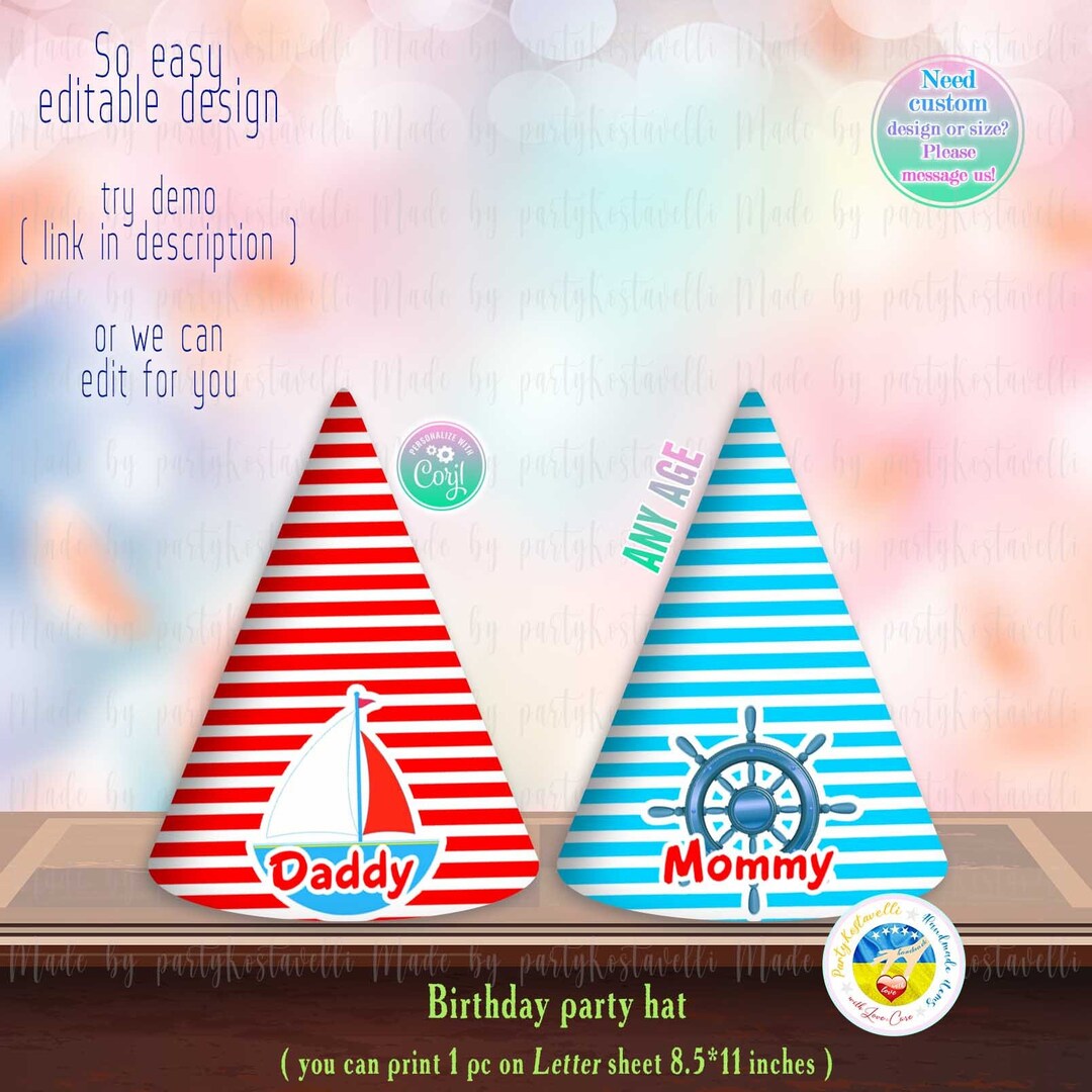 Nautical Birthday Hats With Custom Design DIY Paper Printable Hat Sea ...