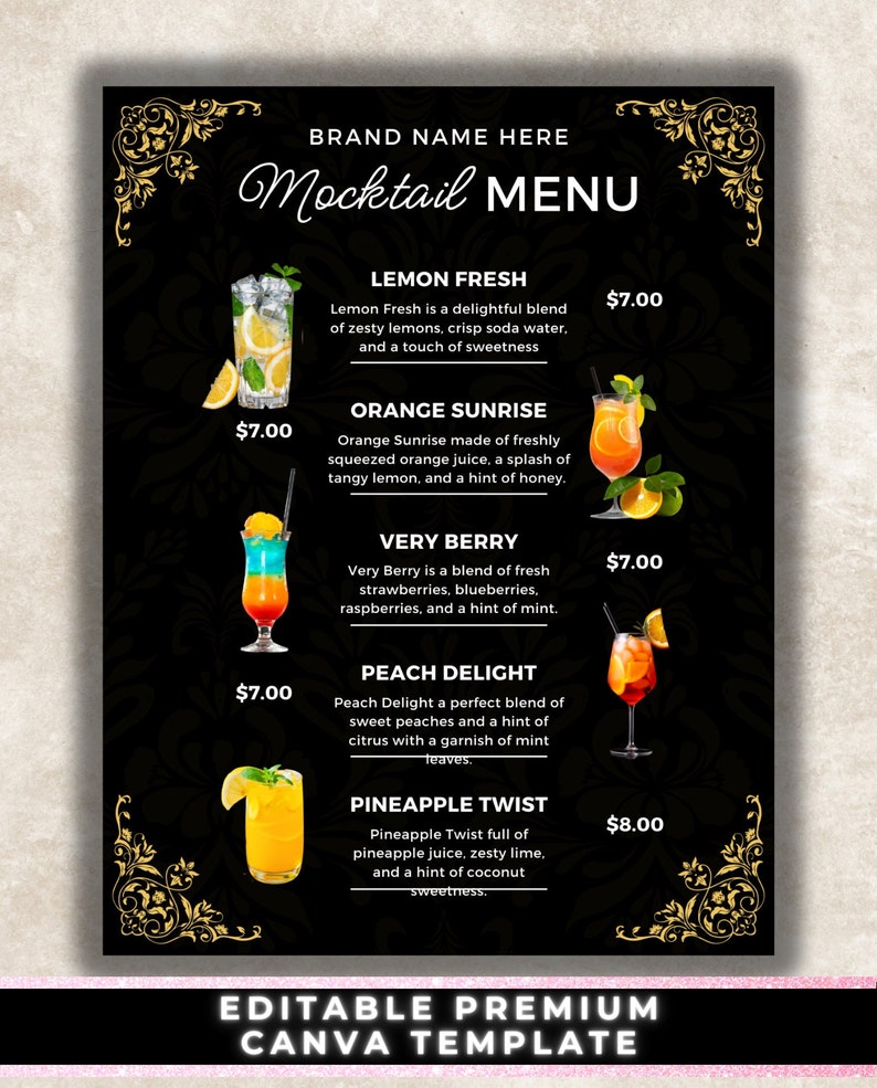 Mocktail Menu, Drinks Menu Template, Bar Menu, Canva Template ...
