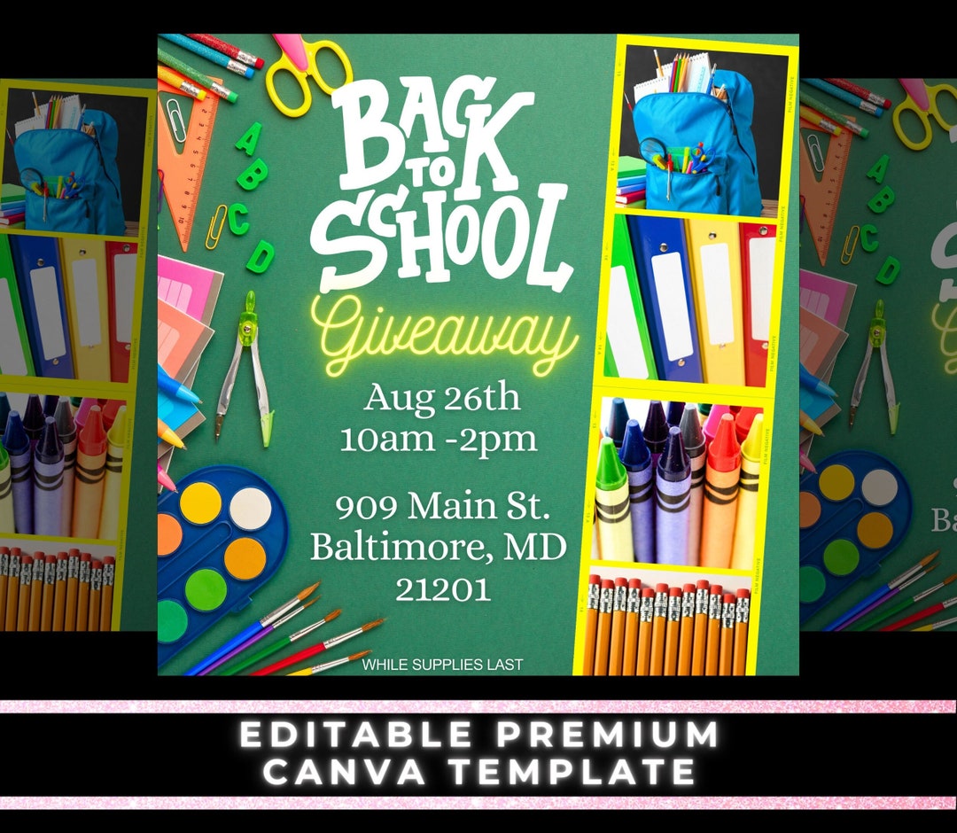 Back to School Giveaway, Back to School Flyer, School Supplies, Premade ...