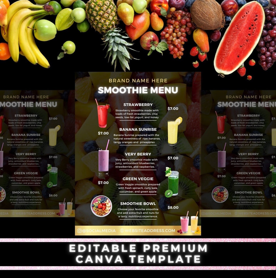 Smoothie Menu, Drinks Menu Template, Bar Menu, Canva Template ...