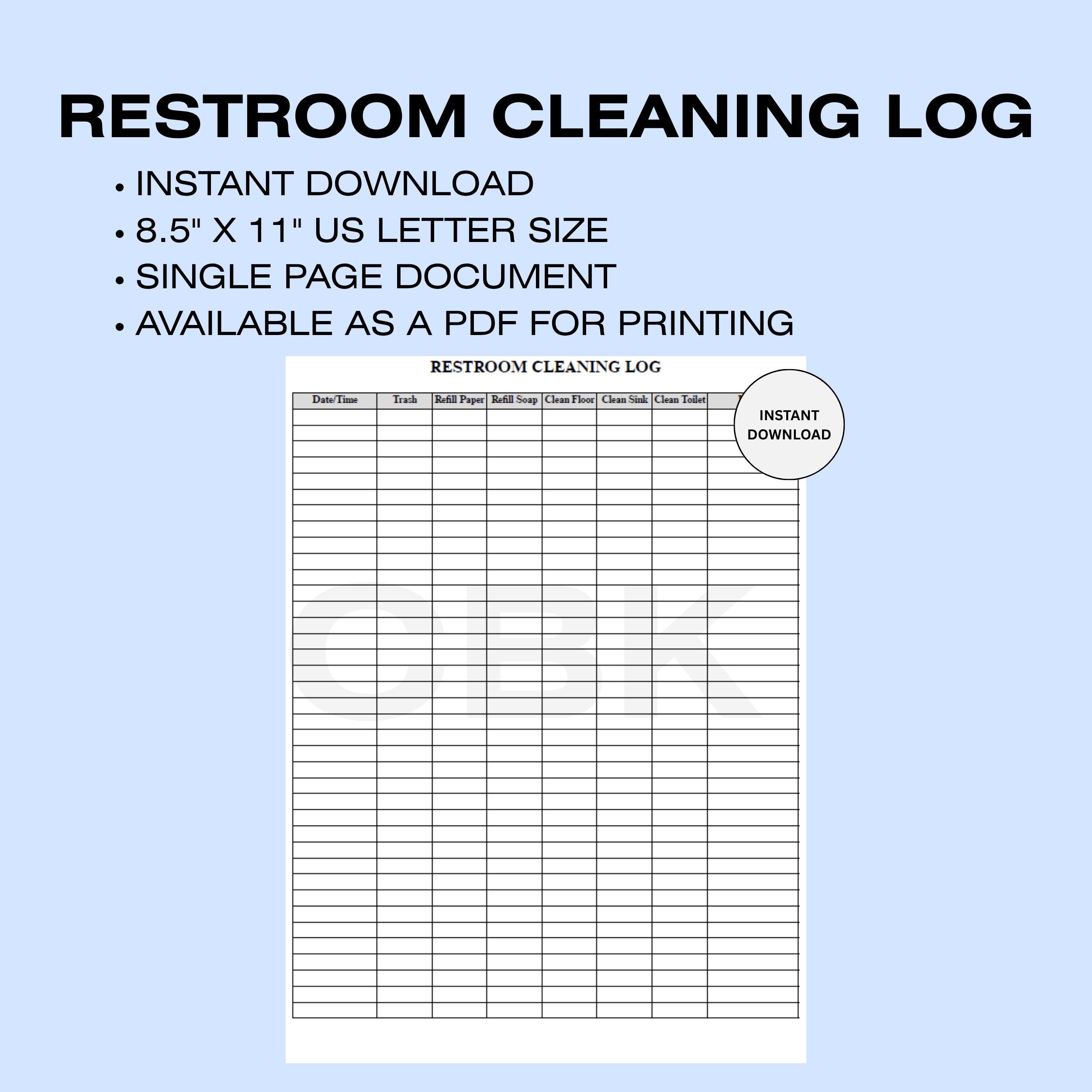Restroom Cleaning Checklist Signsheet: PDF Cleaning Log (8.5 X 11 Inch ...