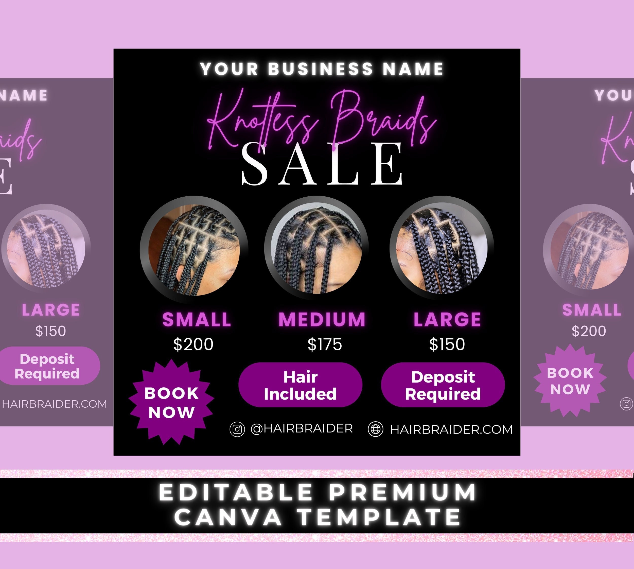 Knotless Braids Flyer, Braids Flyer, Premade Flyers, Canva Template ...