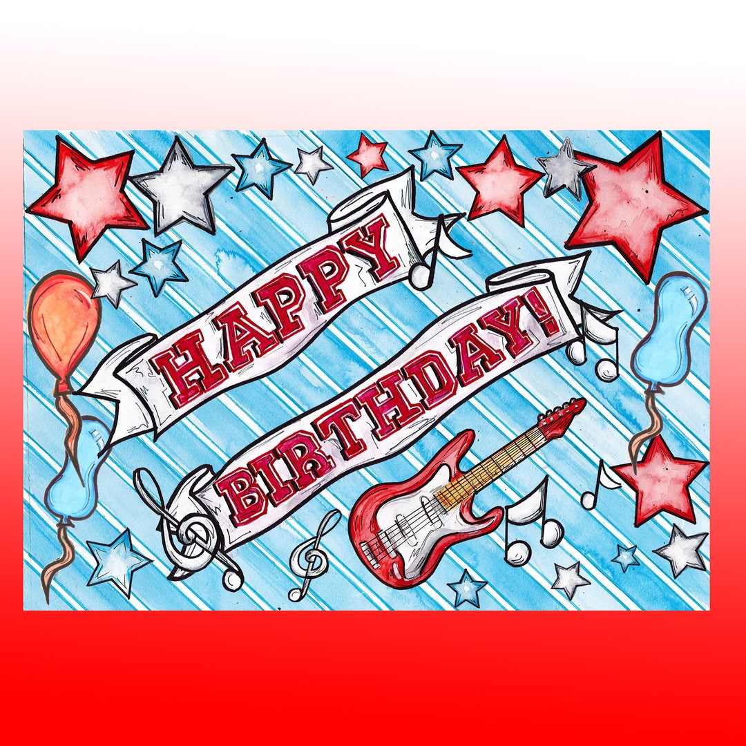 Guitar and Musical Notes Birthday Card for Him or Her A5 Based on Hand ...