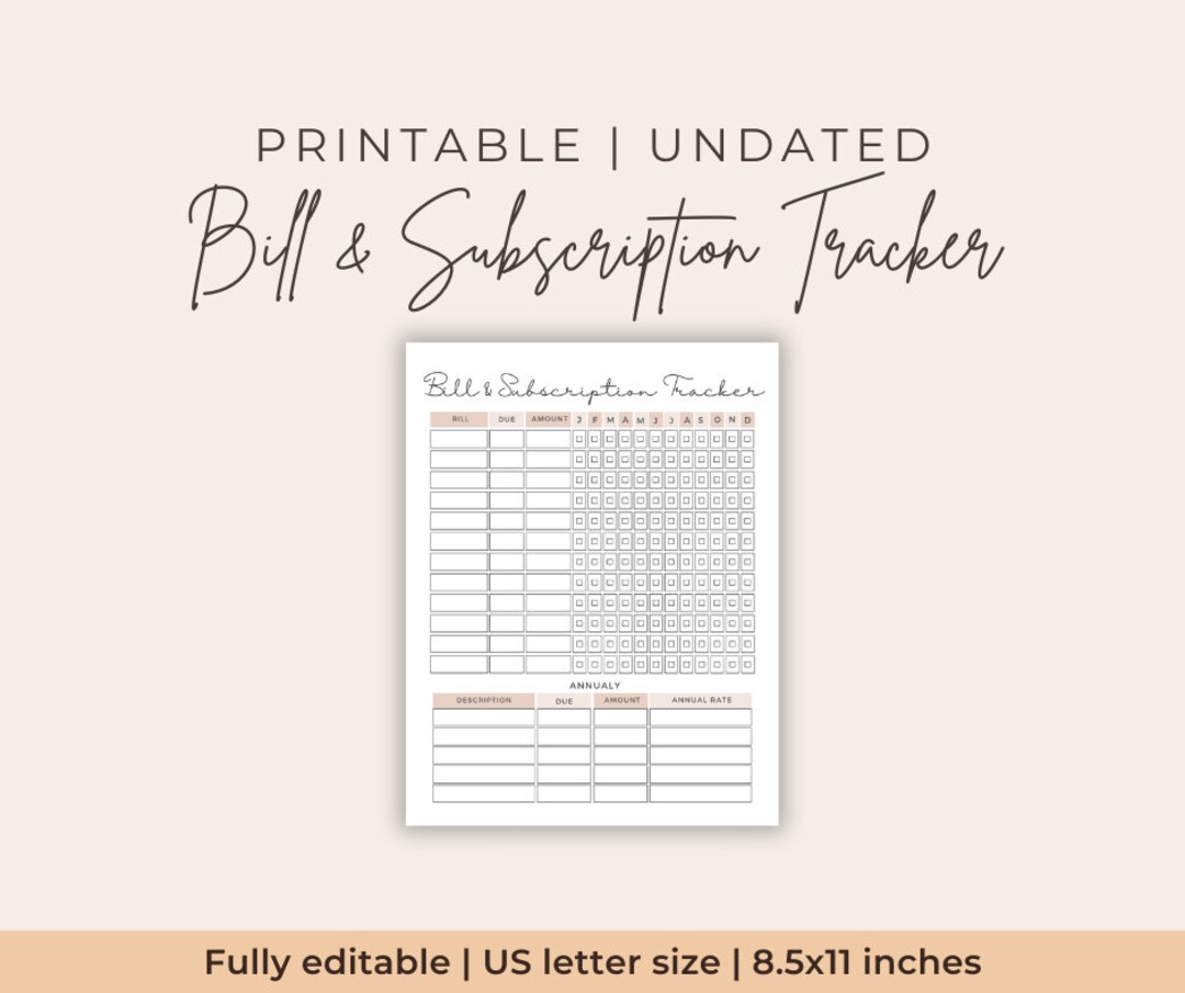 Bill Subscription Tracker Printable, Subscription Payment Log, Editable ...