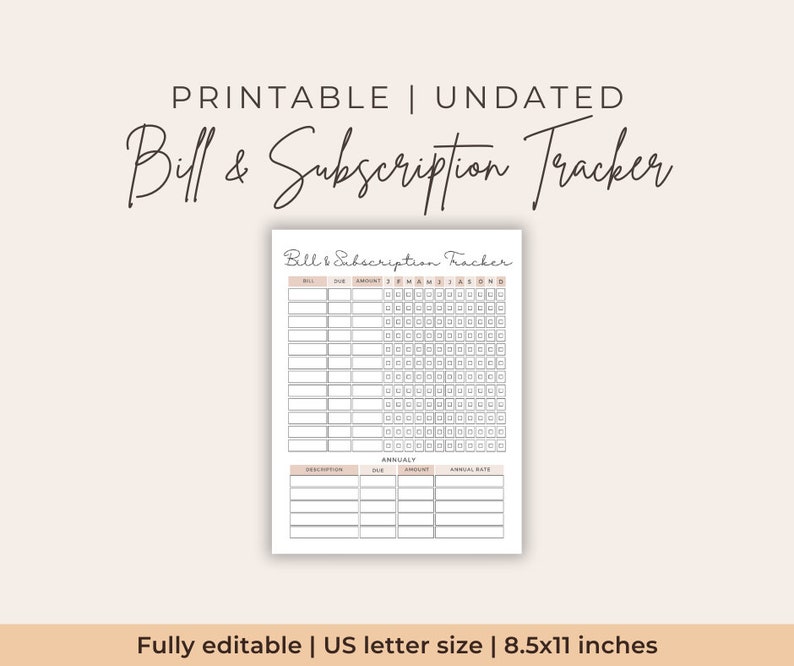 Bill Subscription Tracker Printable, Subscription Payment Log, Editable ...
