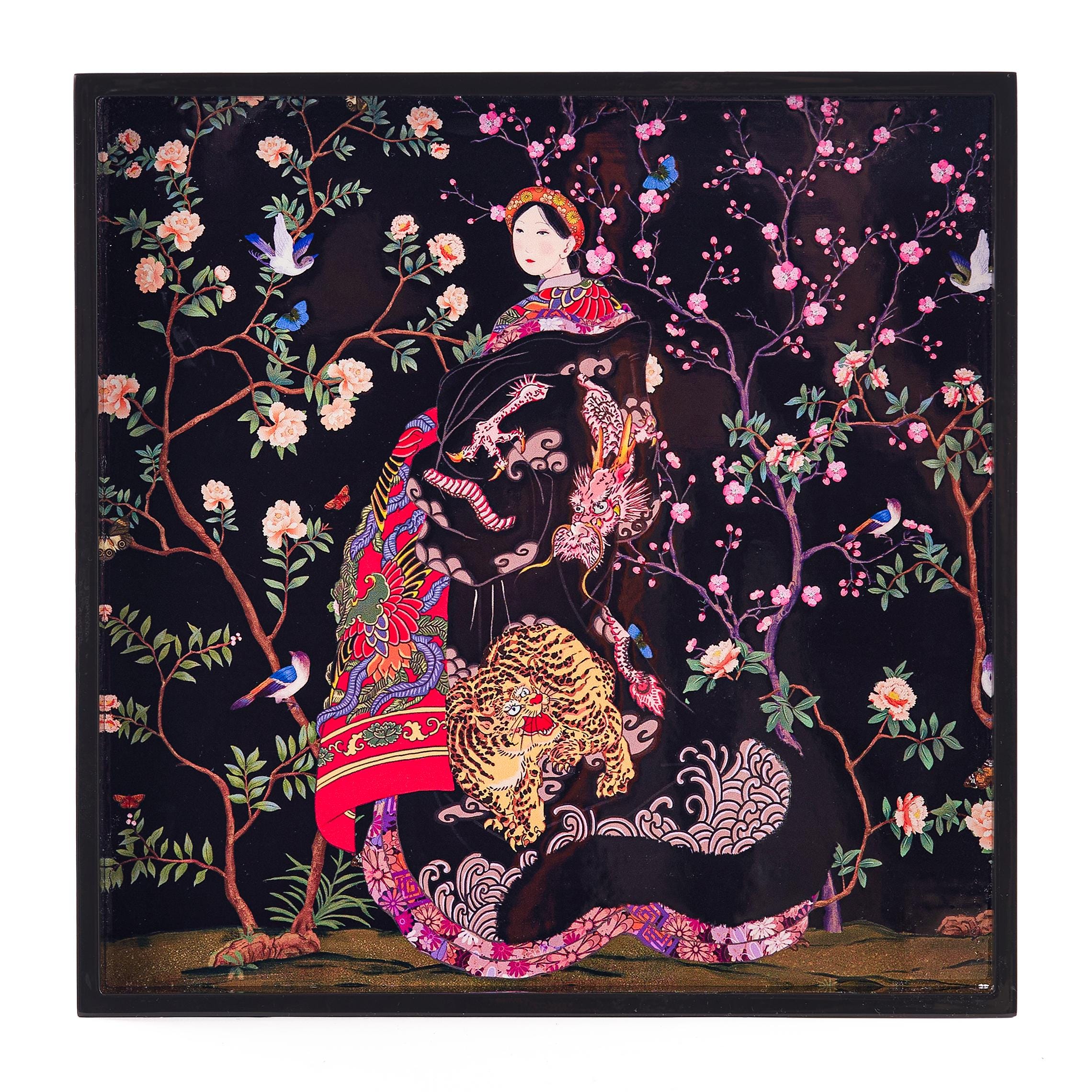 Lacquer Tray Powerful Lady in Dragon and Tiger Robe in Black ...