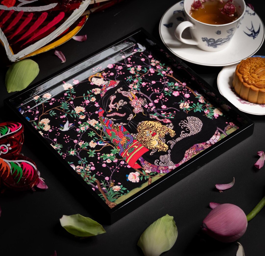 Lacquer Tray Powerful Lady in Dragon and Tiger Robe in Black ...