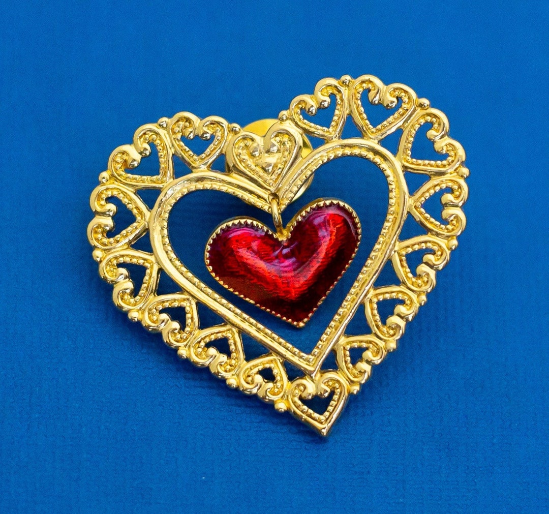 Vintage Pin, Gold Tone Pin, Love Heart Pin, Elegant Pin, Valentines Day ...