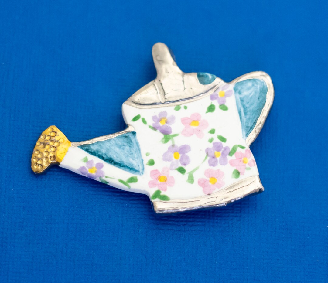 Vintage Brooch, Ceramic Brooch, Watering Can Brooch, Pink Flower Brooch ...