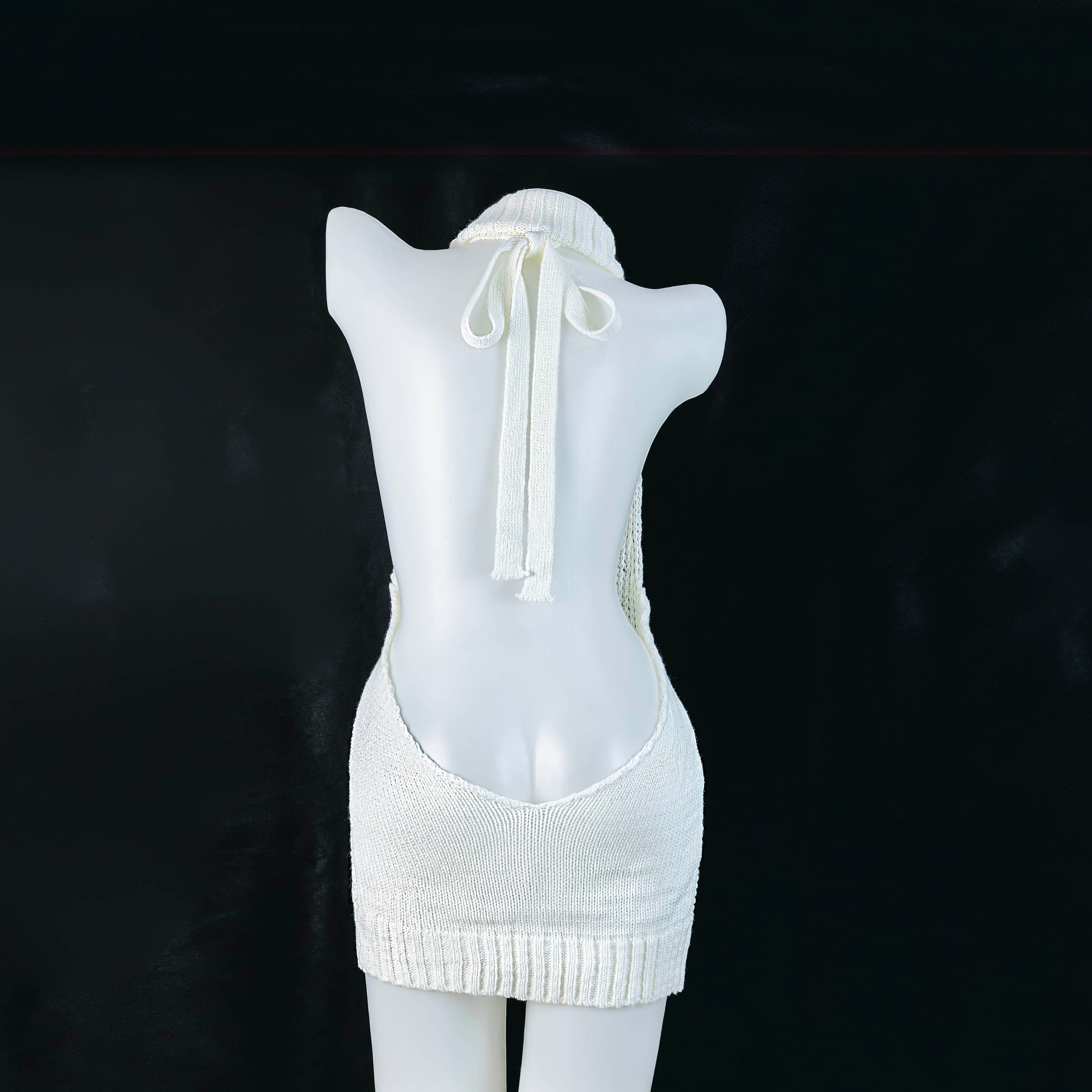 White Semi Sheer Crochet Backless Turtleneck Micro Mini Dress, Cosplay ...