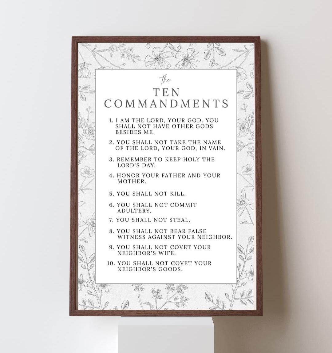 10 Commandments Printable Wall Art Floral Bible Verse Print Back White ...