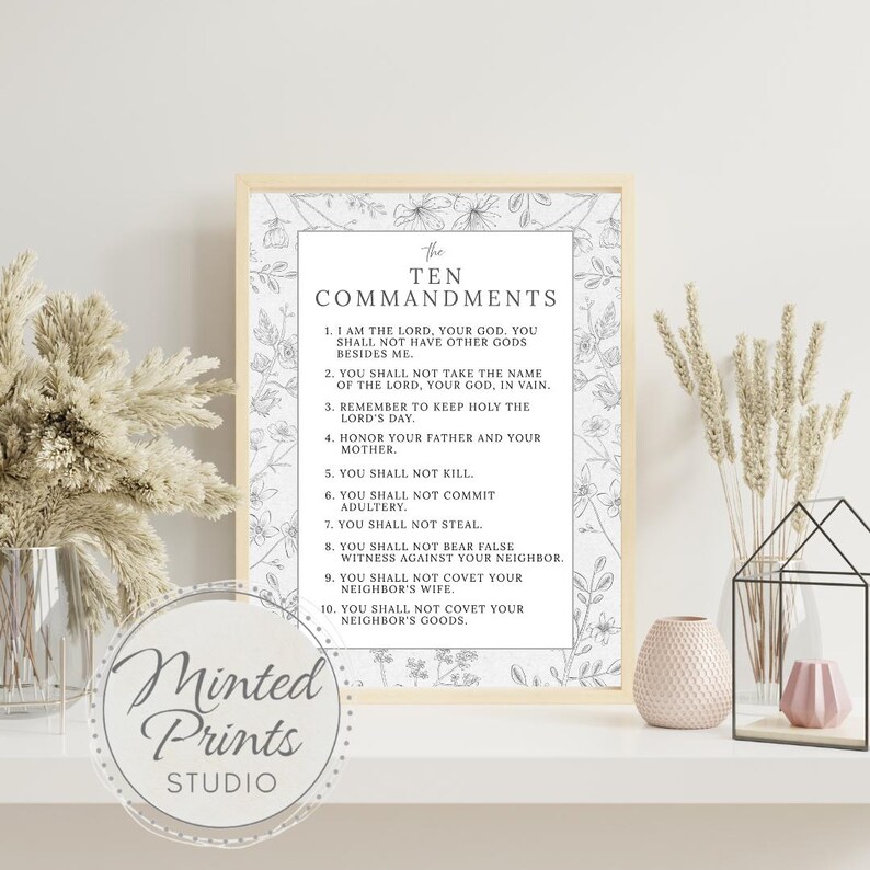 10 Commandments Printable Wall Art Floral Bible Verse Print Back White ...