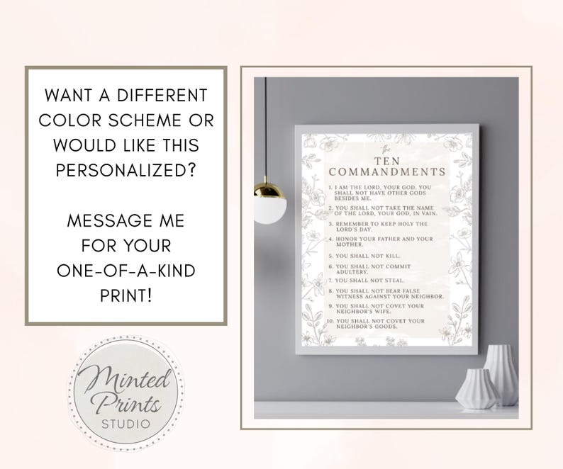 10 Commandments Scripture Print, Beige Floral Christian Wall Art ...
