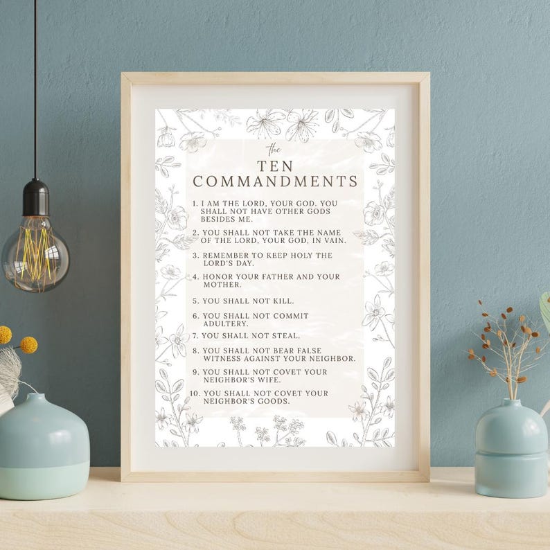 10 Commandments Scripture Print, Beige Floral Christian Wall Art ...