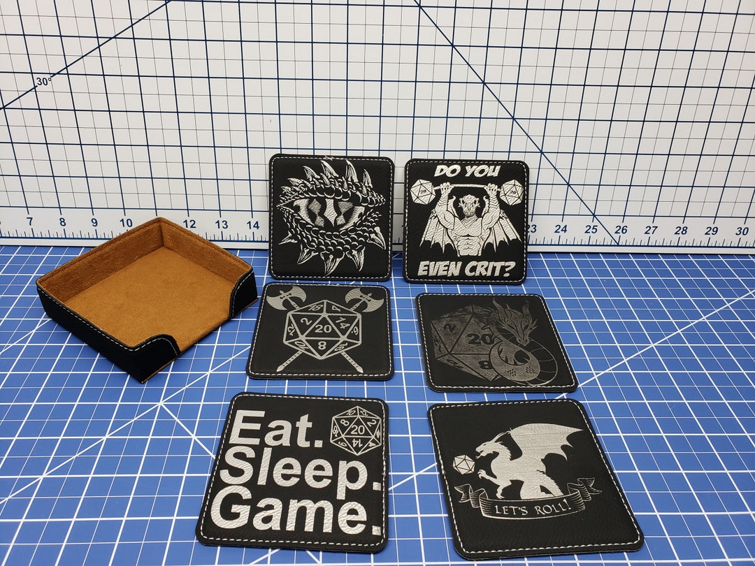 Set of 6 Square Coasters With Holder - Leatherette - D&D Coaster Set #3 ...