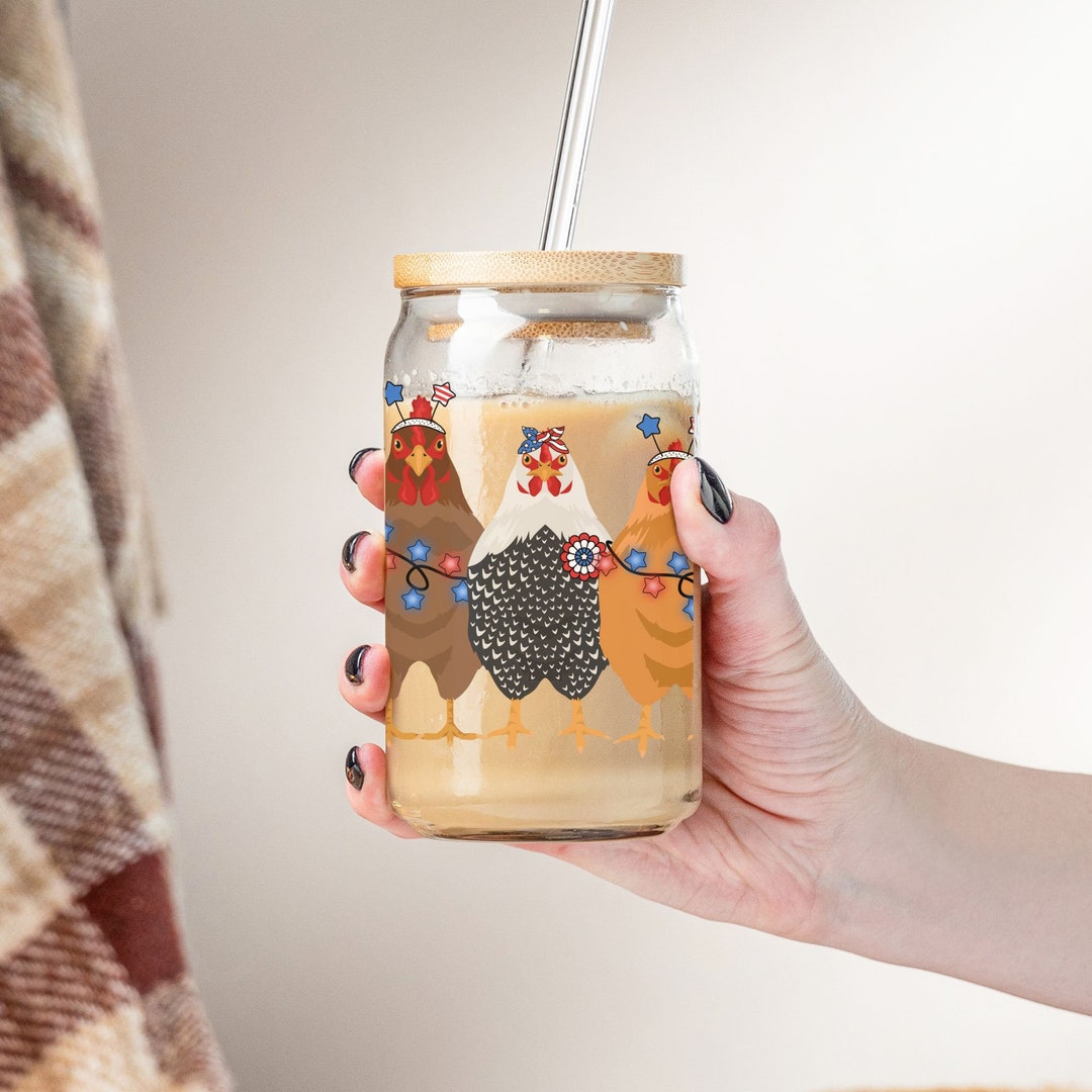 Patriotic Chicken Can Shaped Glass Tumbler, Funny Chicken Glass Coffee ...