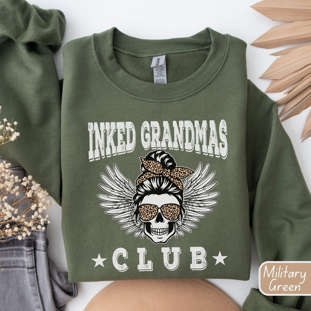 Inked Grandmas Club Sweatshirt Messy Bun Skull Mom Life Crewneck Cute ...