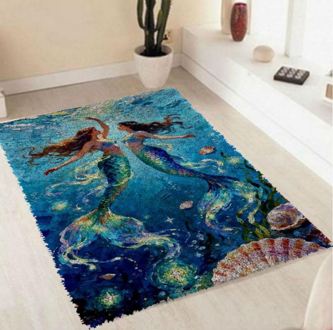 Mermaid Lock Hook Rug Kits DIY Arts Cushion Crocheting Floor Mat Crafts ...