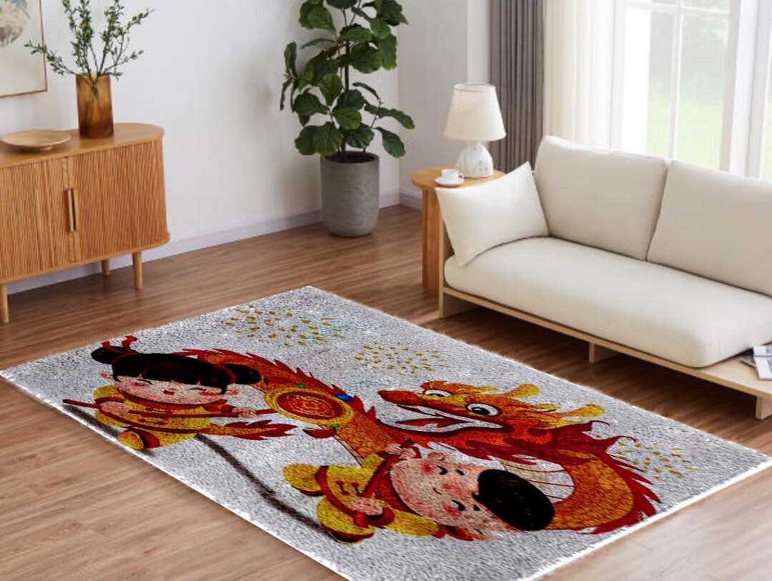 Cartoon Latch Hook Rug Kits Dragon Dance DIY Rug Chunky Yarn Arts ...