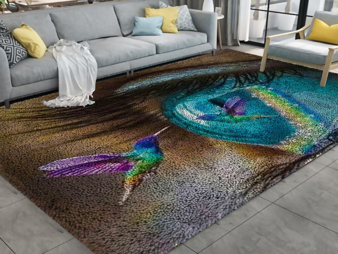 Blue Eyes and Hummingbirds Latch Hook Rug Kits Pre-printed Canvas With ...