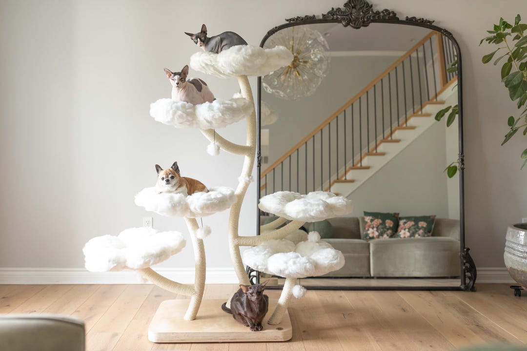 HEXAFLORA Wood Floral Cat Tree Tower, Wooden Cat Tower, Modern Cat ...