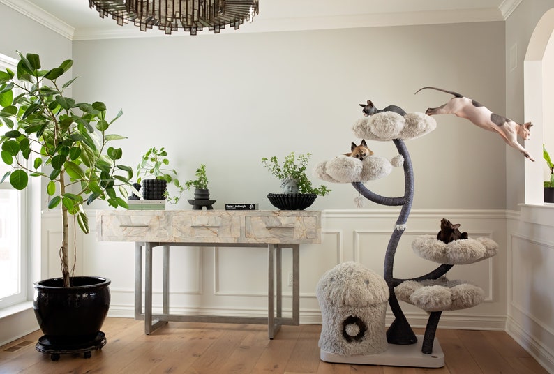 EDEN Monochrome Wood Floral Cat Tree Tower, Wooden Cat Tower, Modern ...