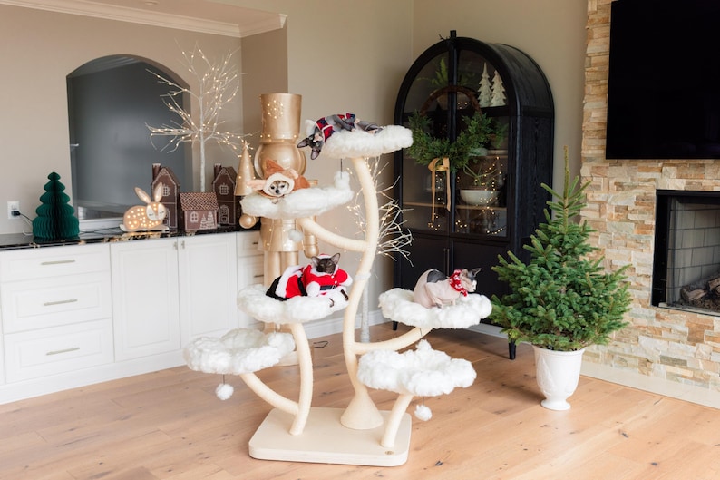 HEXAFLORA Wood Flower Cat Tree: Modern Climbing Tower, Luxury Condo ...