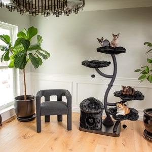 EDEN Monochrome Wood Floral Cat Tree Tower, Wooden Cat Tower, Modern ...