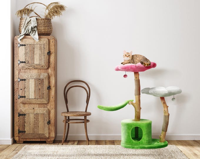 Modern Floral Cat Tree: White Multi-level Cat Tower With Sisal Posts ...