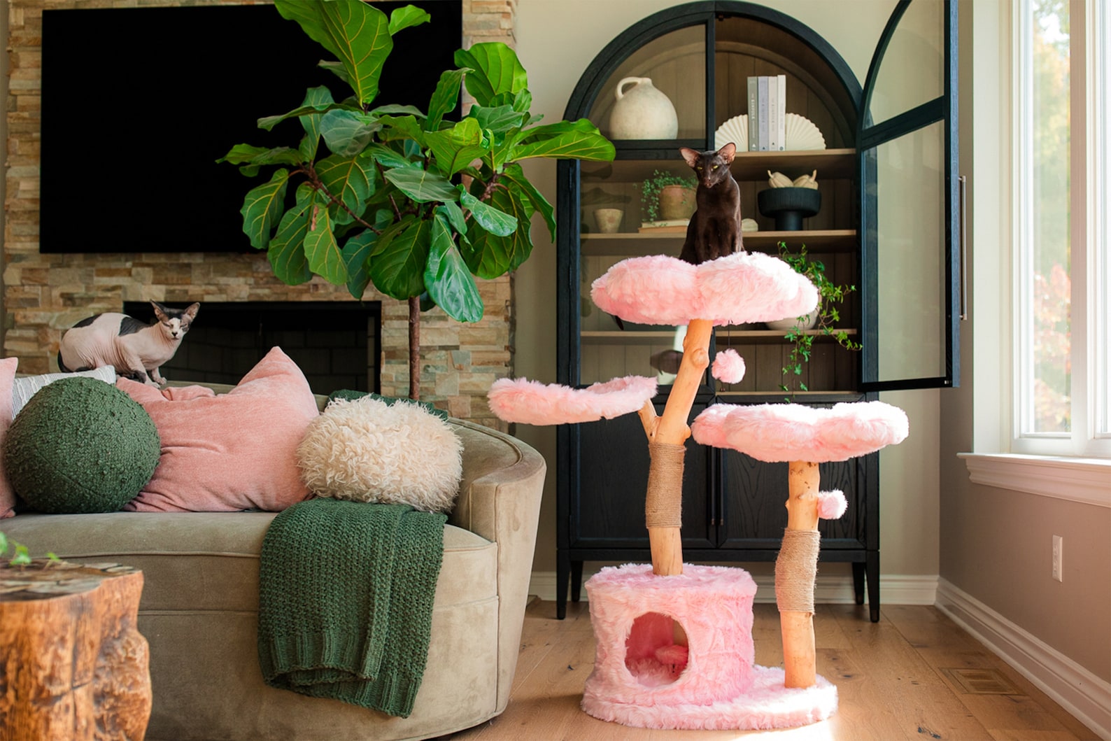 Wooden Cat Tree Tower, Wood Floral Cat Tree Tower, Modern Cat Tree, Cat ...