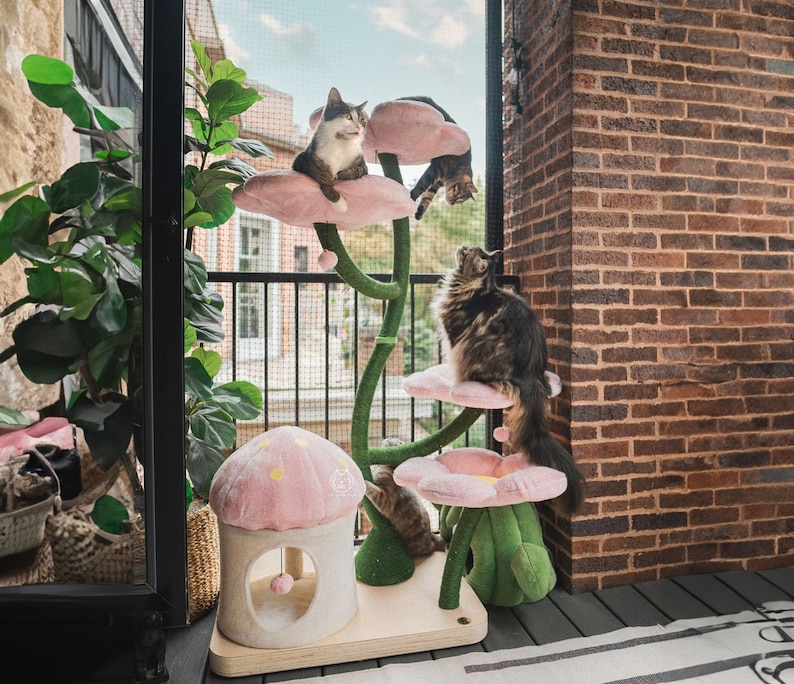 Wood Floral Cat Tree Tower, Wooden Cat Tower, Modern Cat Climbing Tree ...