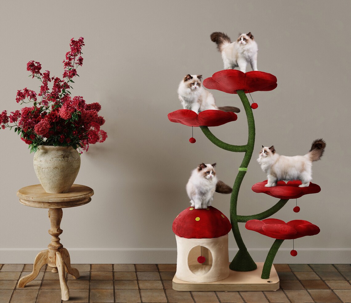 EDEN Wood Floral Cat Tree Tower Wooden Cat Tower Modern Cat - Etsy